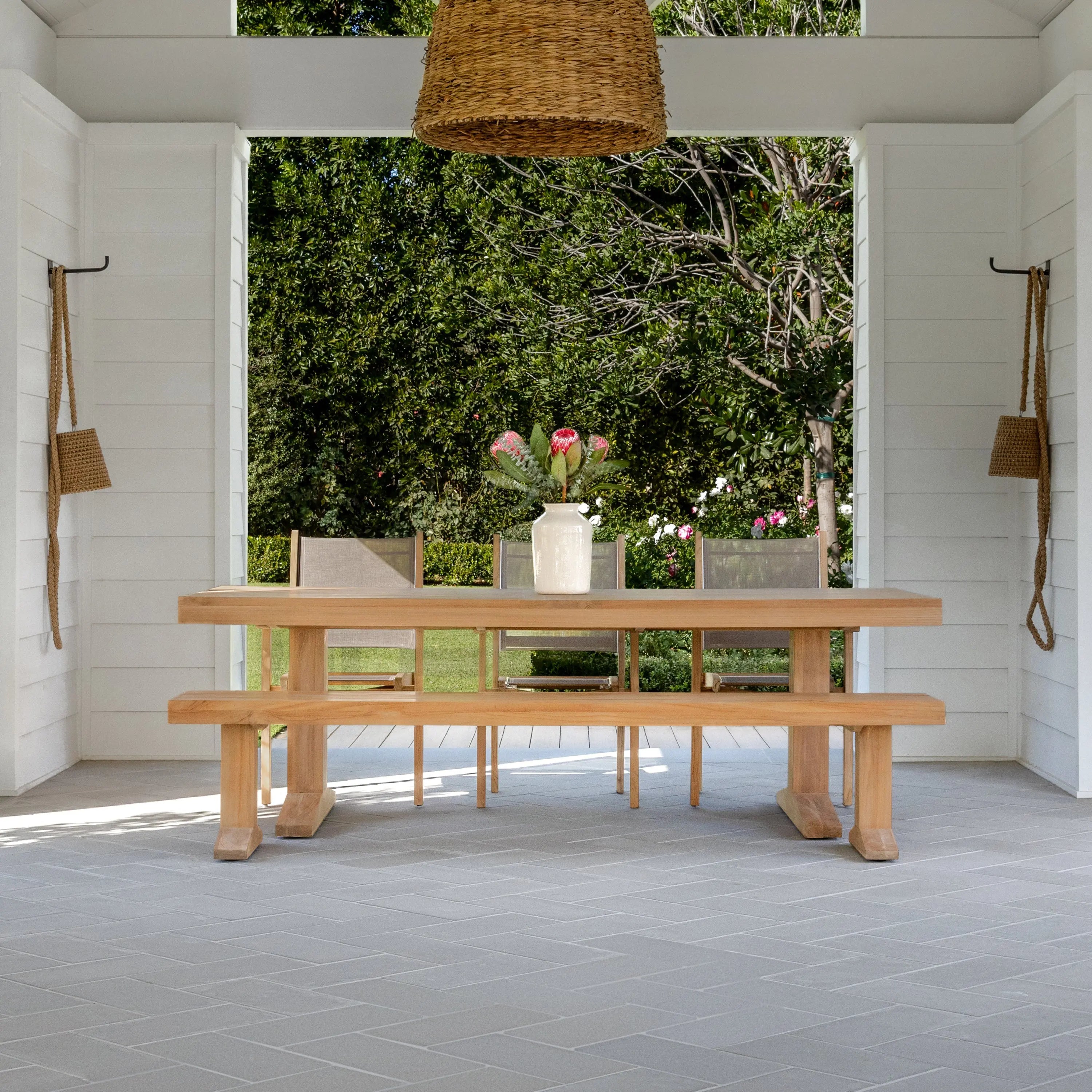 Outdoor Dining Benches: Teak, Concrete & Aluminum